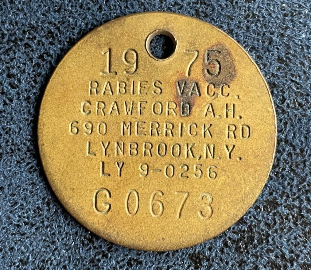 Vintage 1975 Brass Lynbrook, New York Dog License Tax Tag Rabies Vax | eBay