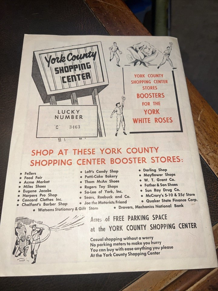 Vintage 1958 MLB Minor League York White Roses Baseball Game Program | eBay