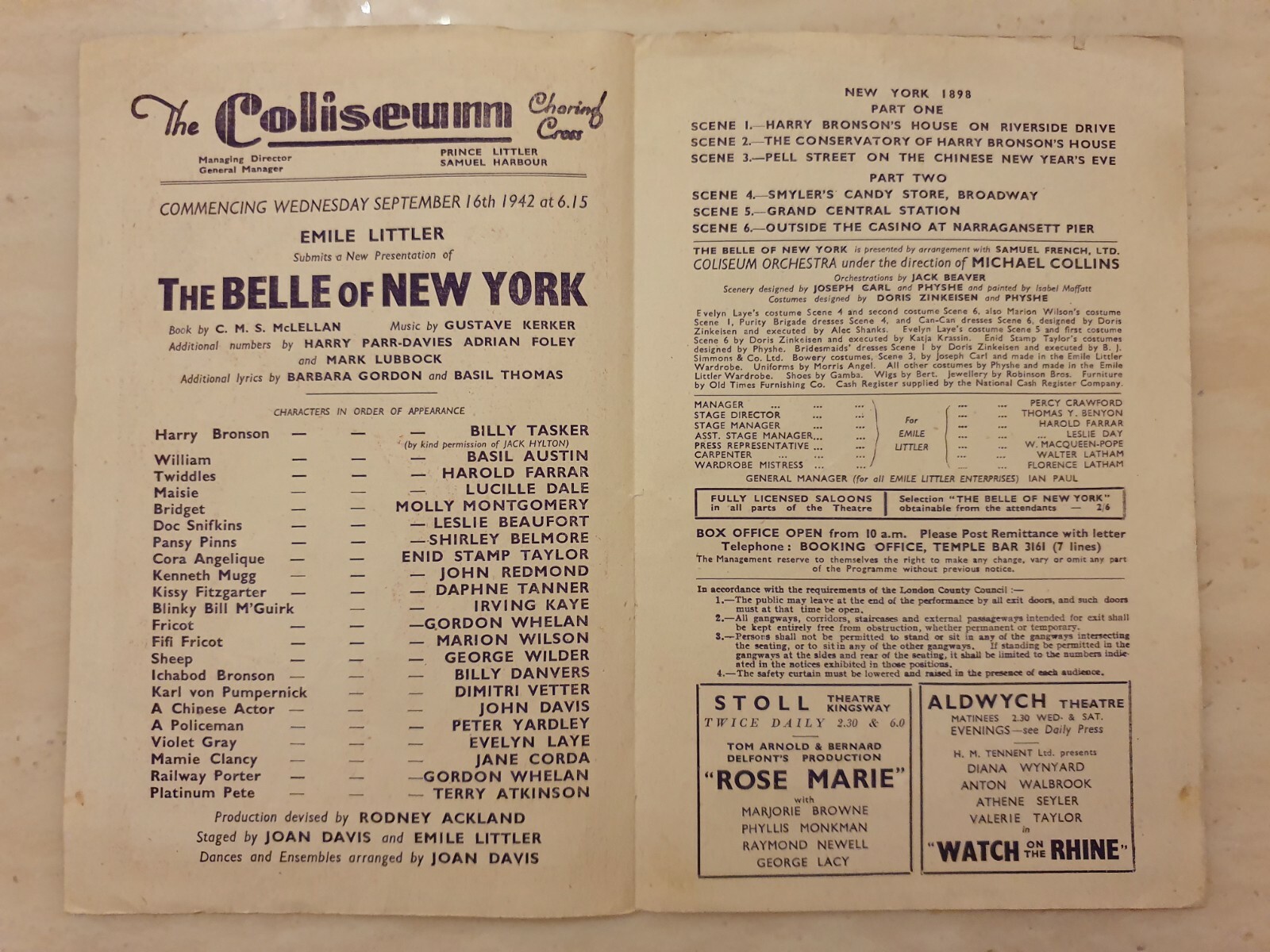 THEATRE PROGRAMME THE BELLE OF NEW YORK BILLY TASKER LUCILLE DALE BASIL ...