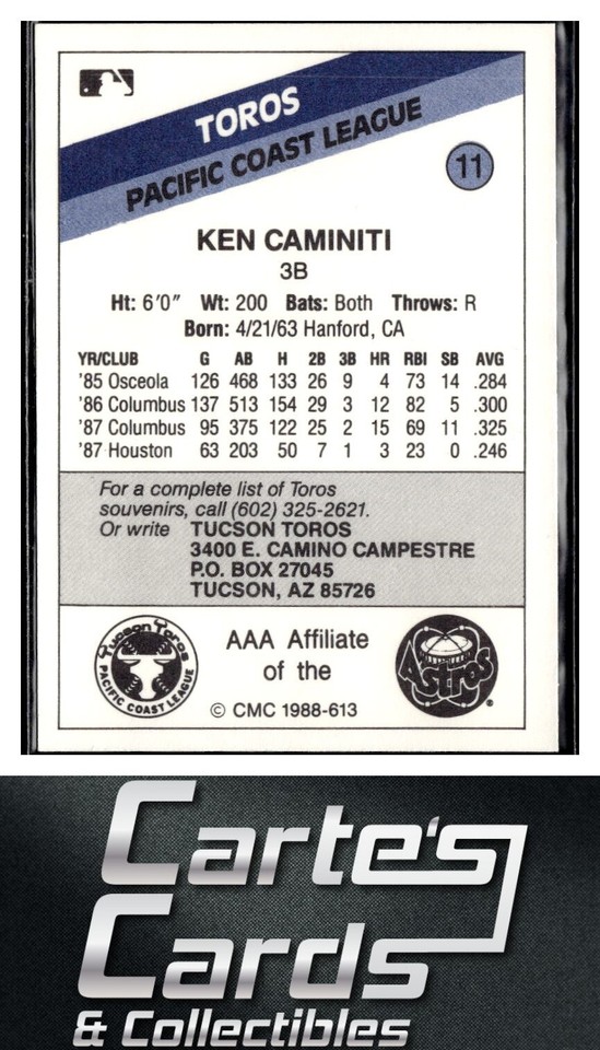 Ken Caminiti 1988 CMC Tucson Toros #11 Houston Astros | eBay