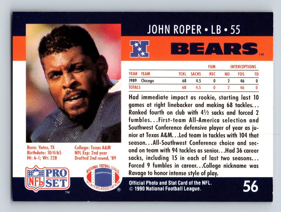 John Roper 1990 Pro Set Bears #56 | eBay