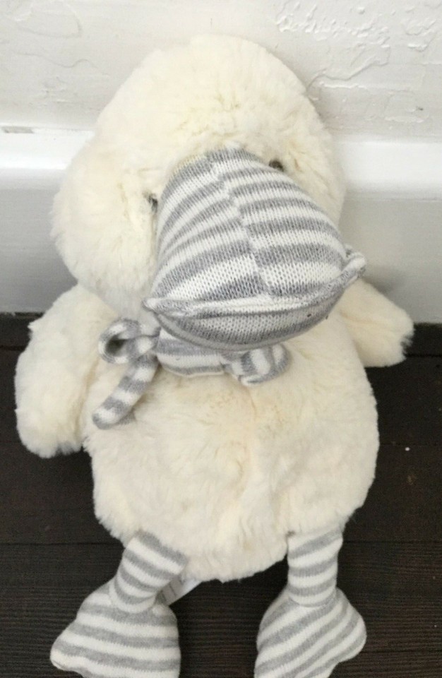 Elegant Baby Plush Duck Stuffed Animal Toy Ivory Gray Striped Knit Bow ...