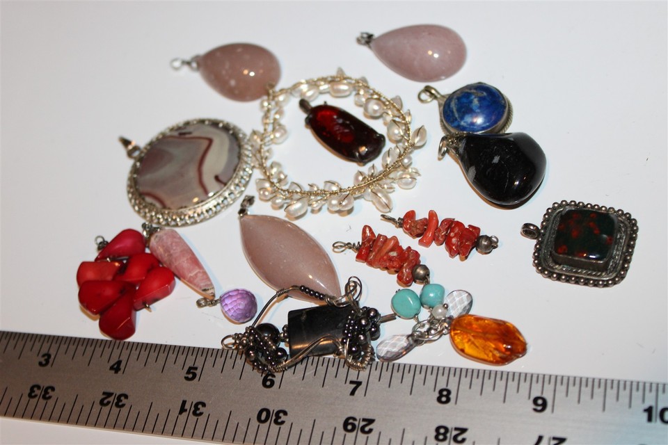 Lot# 209 Mixed amber gemstones coral some sterling charms pendants ...