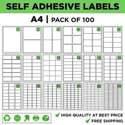 100x SELF ADHESIVE STICKY A4 ADDRESS LABELS INKJET LASER COPIER PRINTER ...