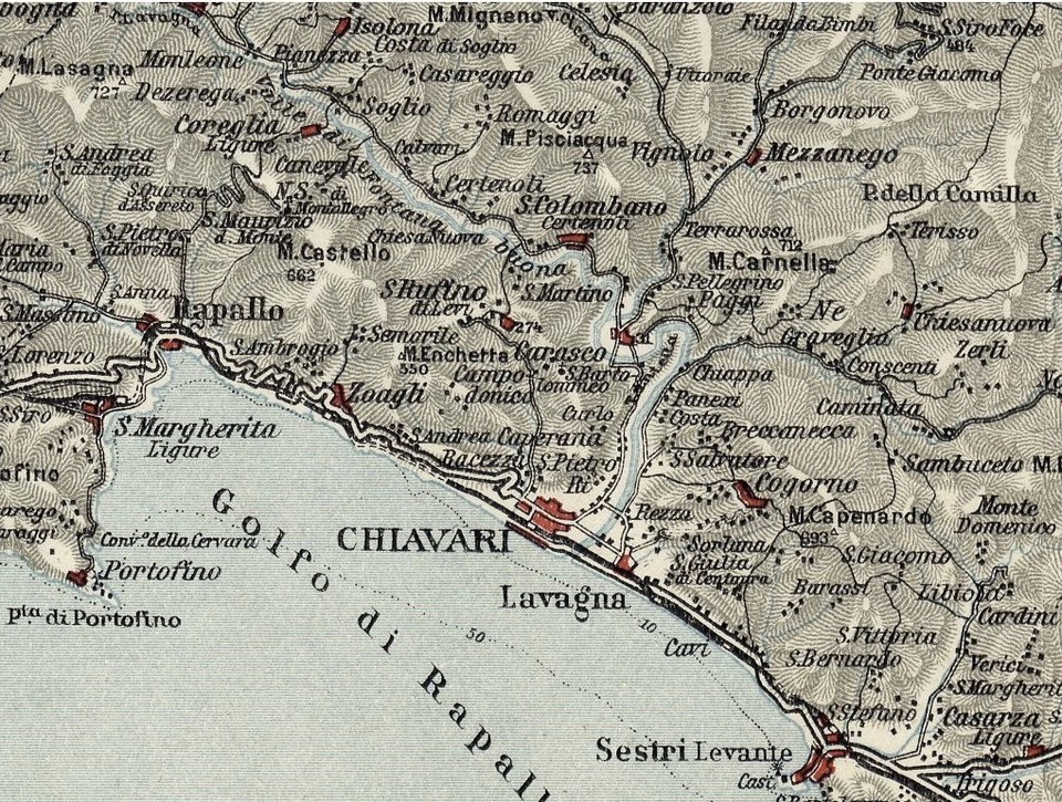 1927 ORIGINAL VINTAGE MAP OF VICINITY OF RAPALLO RECCO CHIAVARI ...