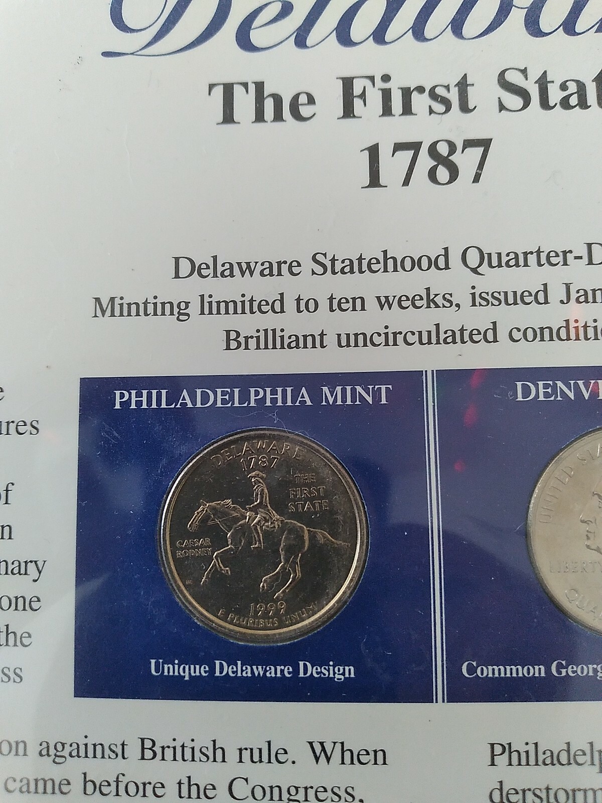 1999 Delaware 1787 The First State Quarter Dollar Coin (AMAZING ...