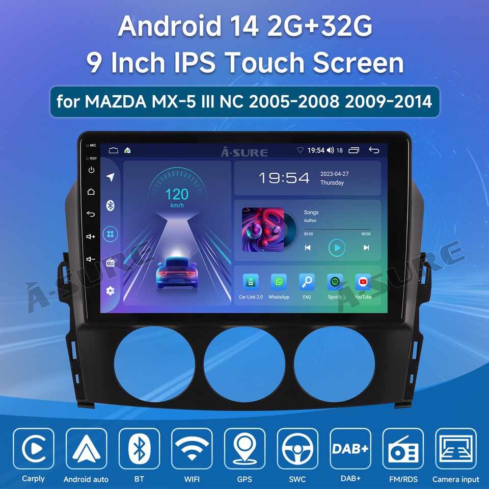 9"Android 14 Head Unit Radio GPS SAT Navi Carplay BT SWC For Mazda MX5 ...