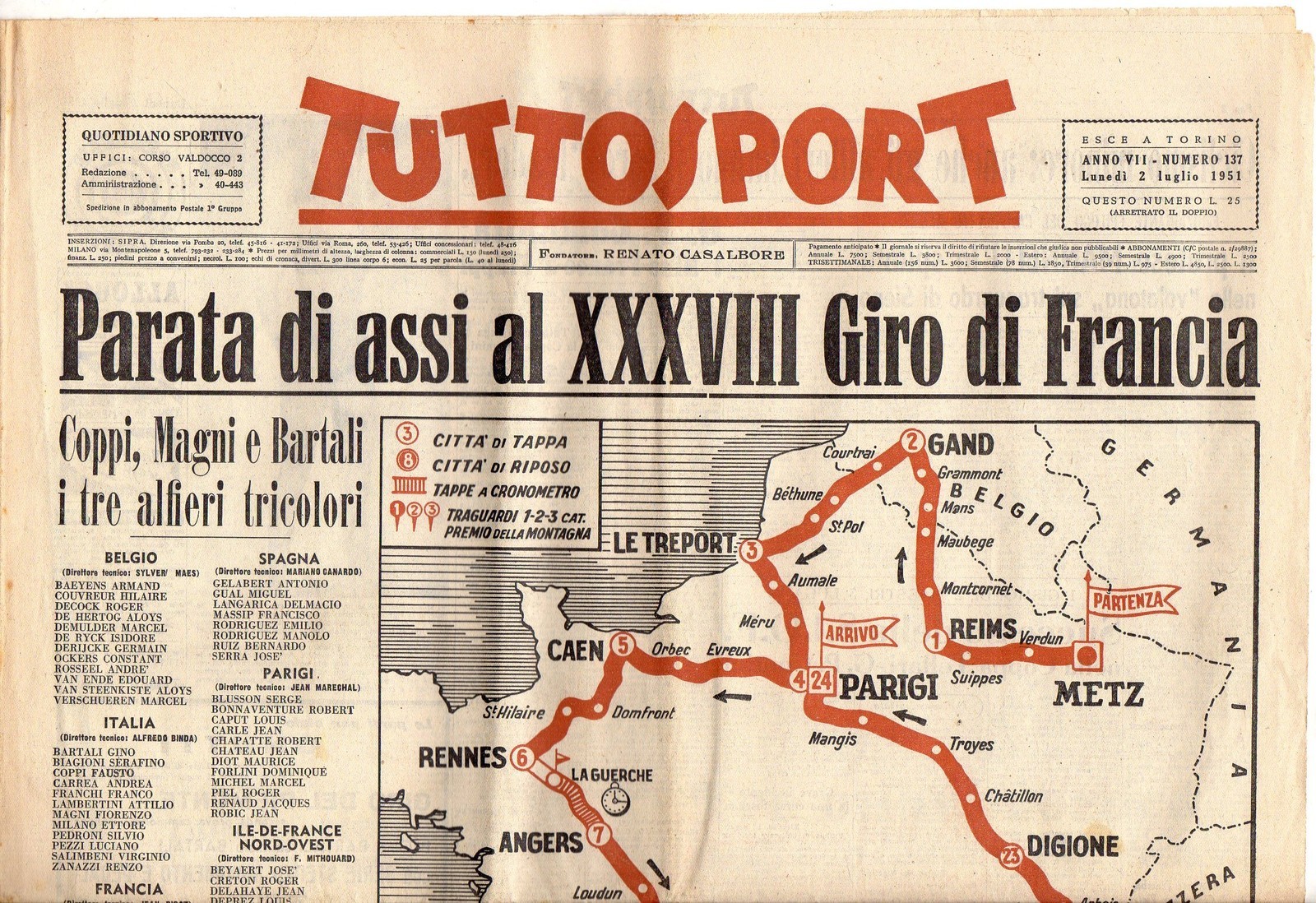 rivista TUTTOSPORT - 02/07/1951 N. 137 PARATA DI ASSI AL XXXVIII GIRO ...
