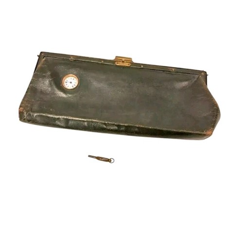 1800's Antique Ladies LEATHER WALLET W Mechanical Porcelain Dial Watch ...