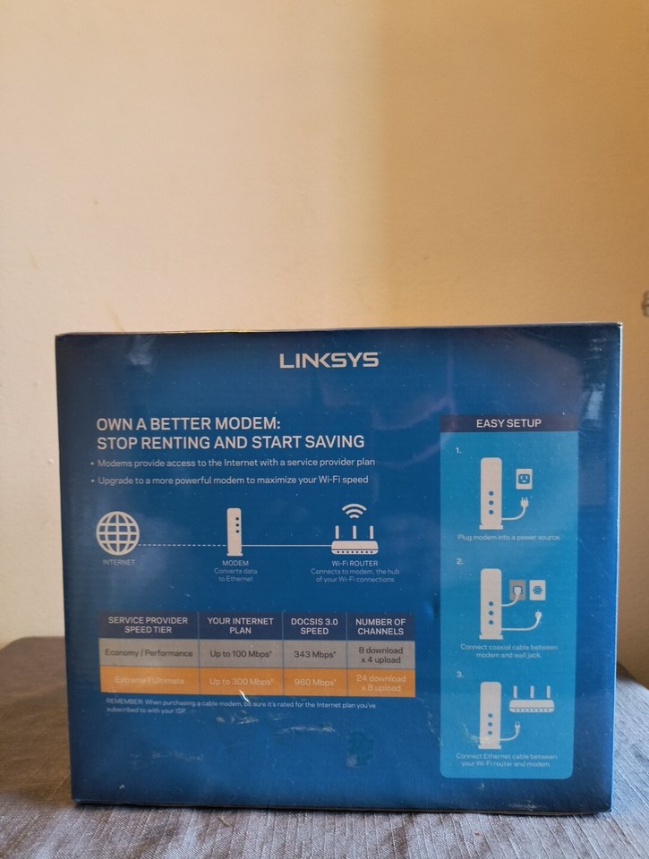 Linksys DOCSIS 3.0 24x8 Cable Modem CM3024 with Coax Cable New In Box ...