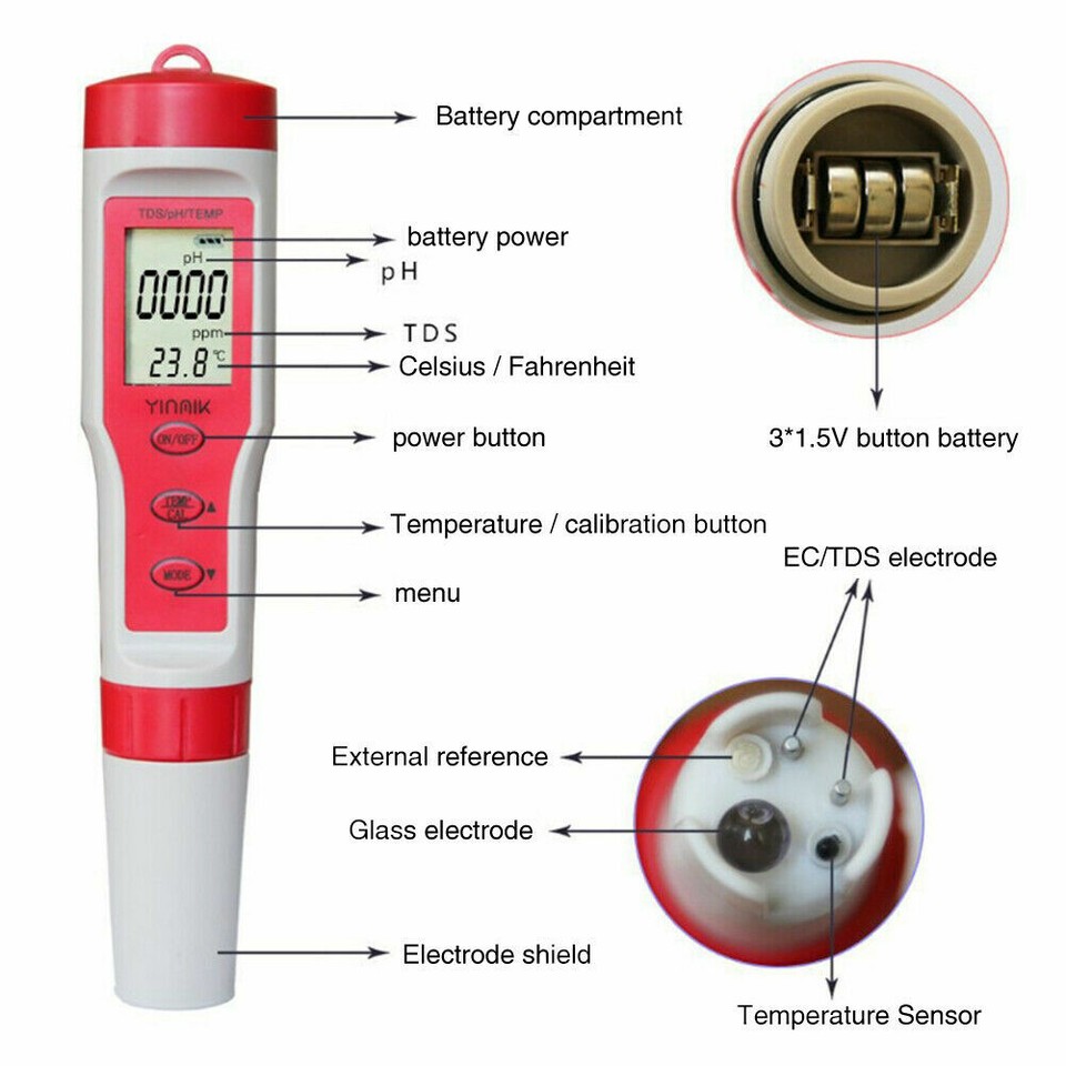 4 in 1 Portable Digital Water Quality Tester TDS/EC/PH/TEMP Meter Pen ...