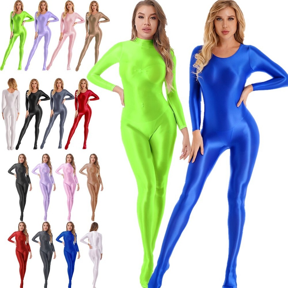 Women Glossy Oily Bodysuit Stretchy Unitard Long Sleeve Jumpsuits ...