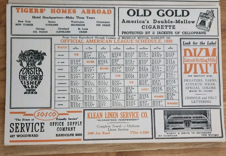 1939 Detroit Tigers vs St. Louis Browns Score Book, Ticket Stubs ...