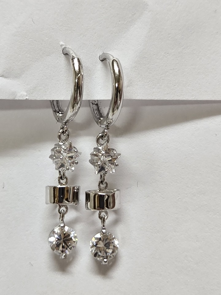 Dangling CZ Huggie Earrings 14k White Gold Star Shape N Round CZ Stone ...