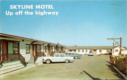1950s SEATTLE, Washington Postcard "SKYLINE MOTEL Classic cars Hwy 99 ...