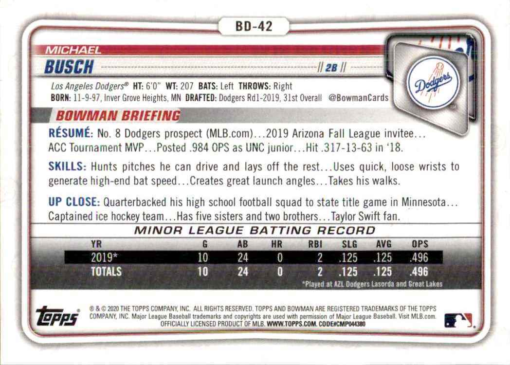 Bowman 2020 primera edición Yellow Draft Michael Busch 48/75 #BD-42 | eBay