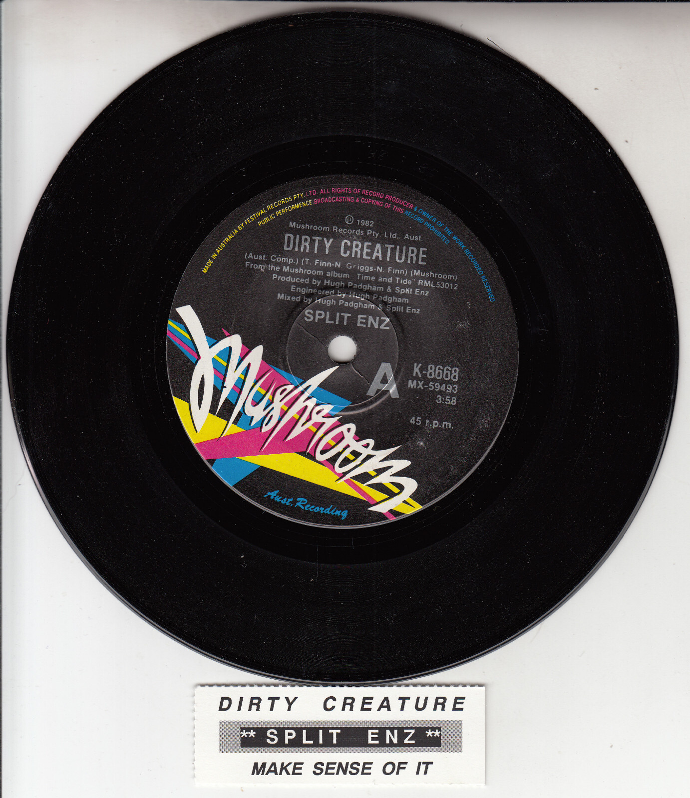 SPLIT ENZ Dirty Creature 1982 7" 45 rpm vinyl record + juke box title ...