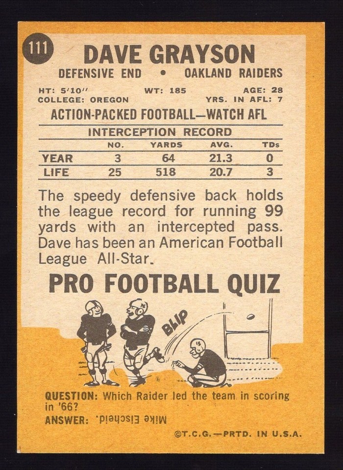 1967 NM-MT TOPPS AFL FOOTBALL CARD DAVE GRAYSON OAKLAND RAIDERS / $1.88 ...