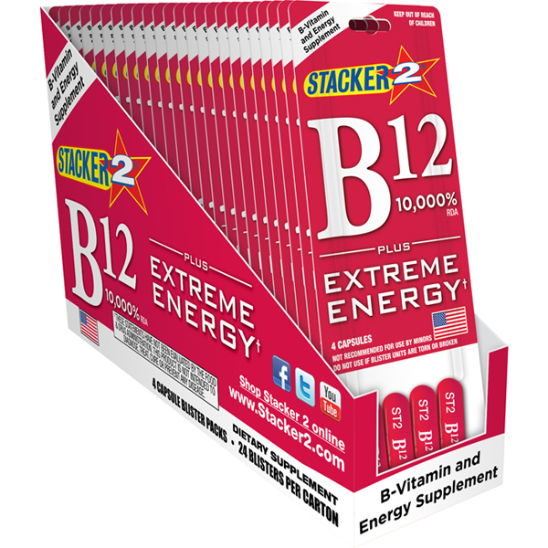 Genuine Stacker B12 Extreme Energy 4/Card (Lot of 5 Cards)= 20 Capsules ...
