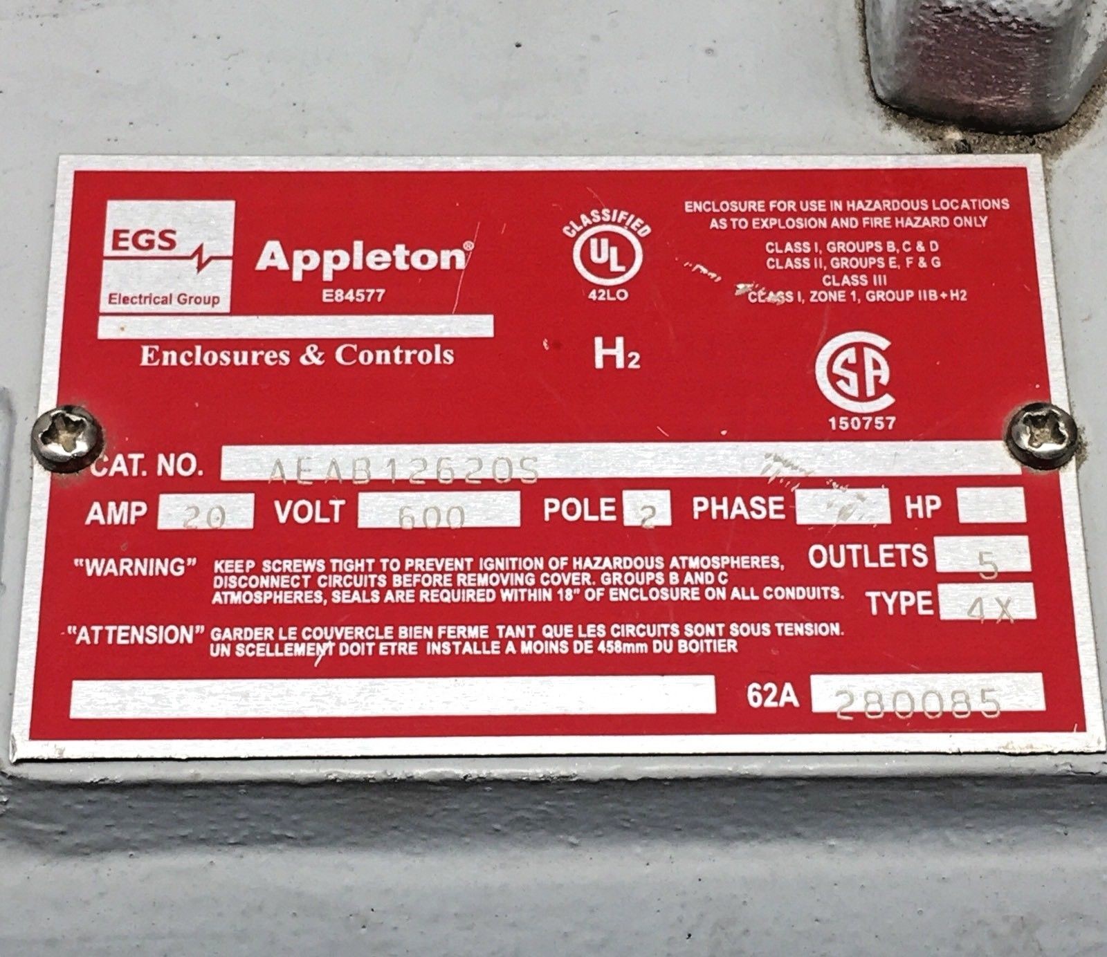Appleton AEAB12620S 20A 600V AE Series Explosion Proof Disconnect ...