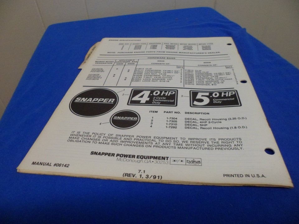 (Drawer 25) Snapper 21" Series 7 Commercial Walk Mowers Parts Manual ...