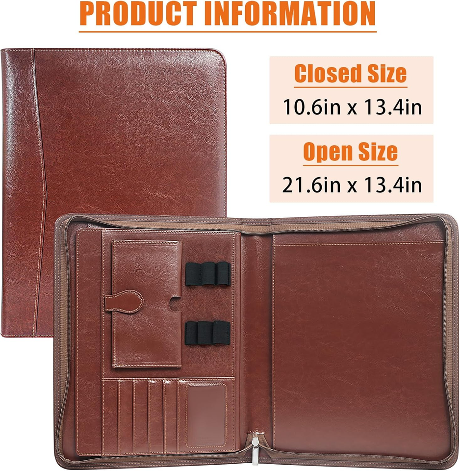 Zippered Portfolio Organizer Leather Padfolio Business Portfolio with ...