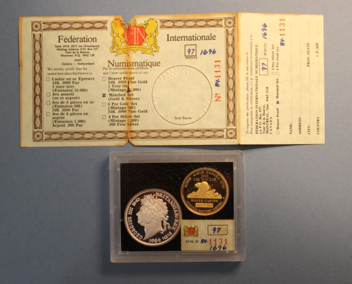 Rare! 1984 Canada 1 oz Gold & Silver JM Mallory Beaver/Castor Medal Set ...