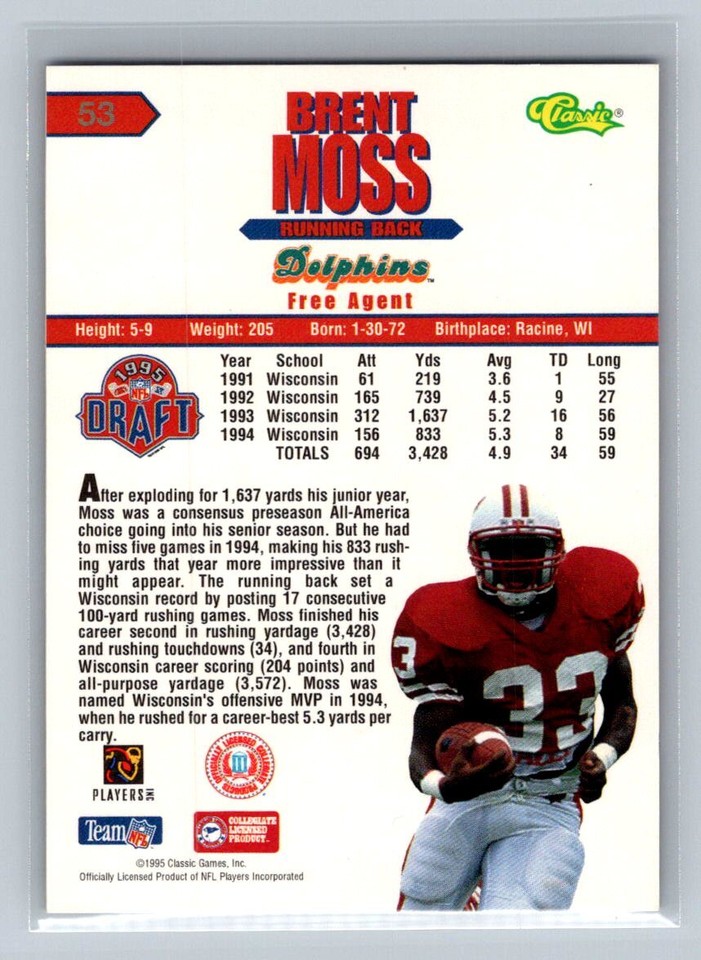 1995 Classic NFL Rookies Brent Moss #53 Miami Dolphins | eBay