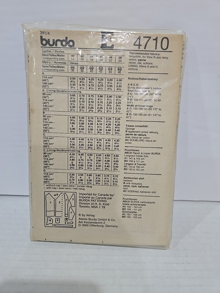 Burda 4710 Sewing Pattern Men's Misses Robes Size 14 -24 Women 36-46 ...