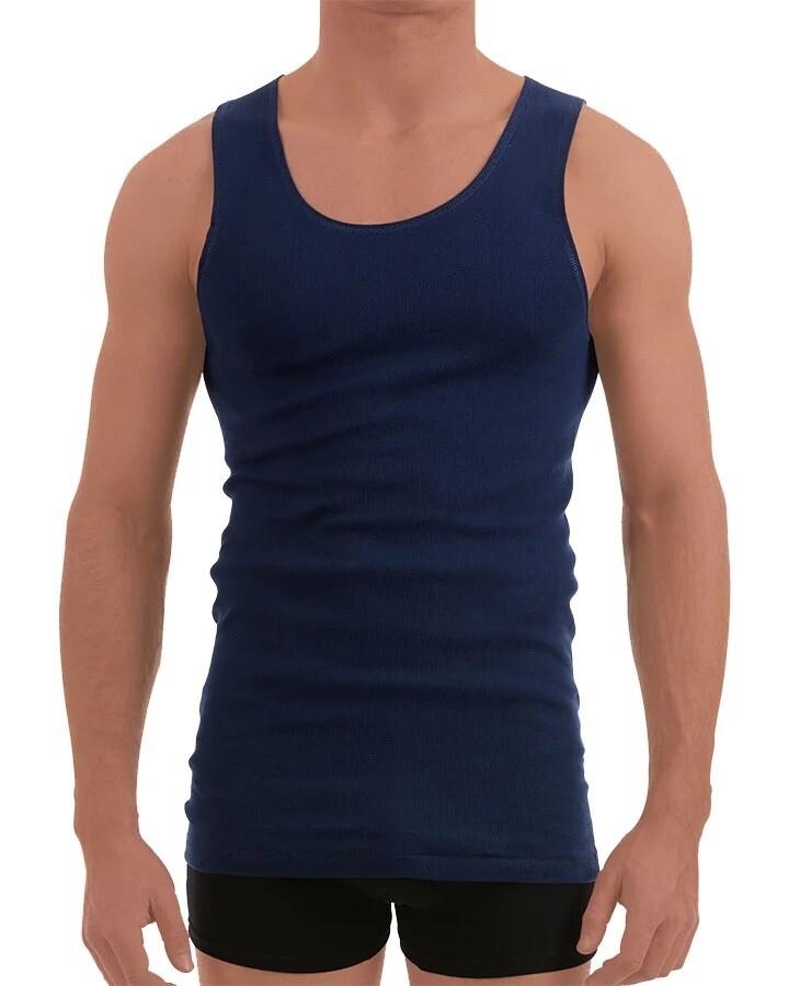 Mens 3 Pack Tradie S-2XL Pure Cotton Tank Singlets Navy Blue Work ...