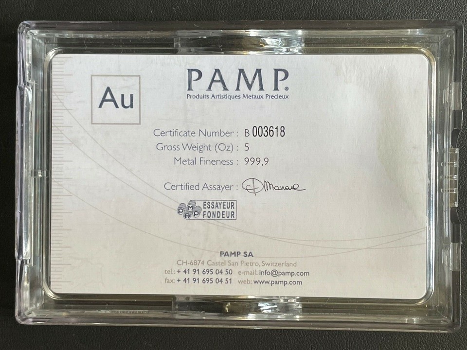 Lady Fortuna 5ozt Pamp Suisse Gold Bar .9999 Fine with Plastic Case ...