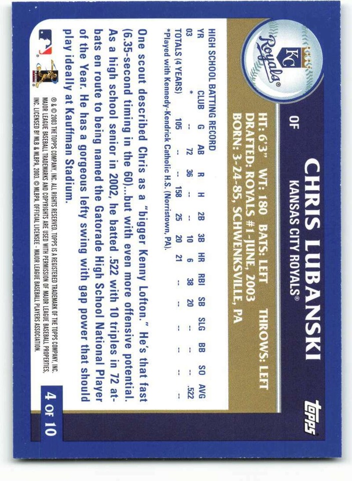 2003 Topps Draft Picks Bonus #4 Chris Lubanski NM-MT Royals | eBay