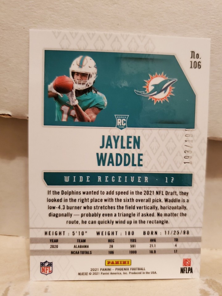 Jaylen Waddle 2021 Panini Phoenix #106 Pink Prizm /199 SP Rookie Card ...