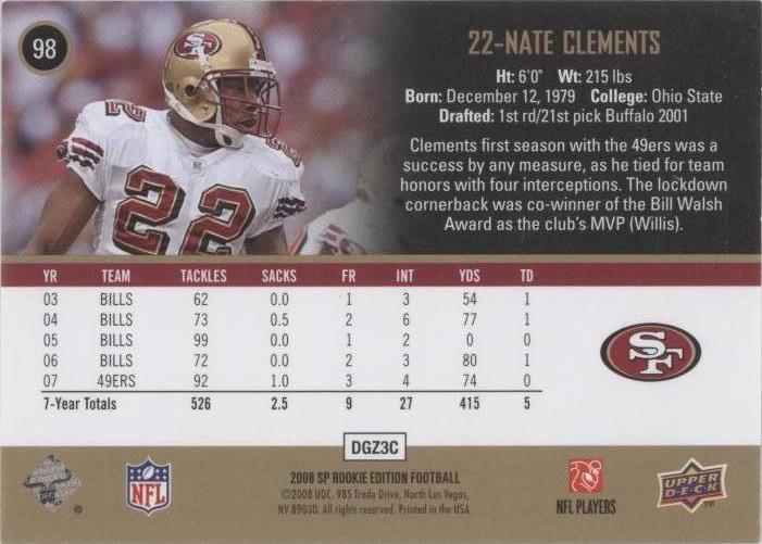 2008 SP Rookie Edition Nate Clements #98 for sale | eBay