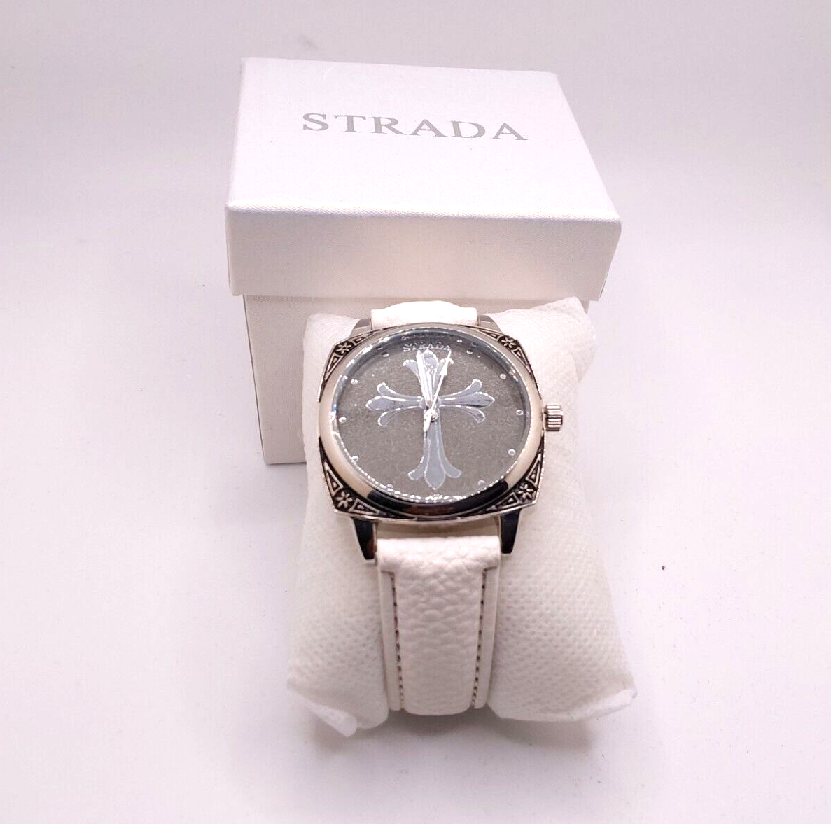 Strada Japanese Movement Cross Pattern Dial Watch & White Vegan Leather ...