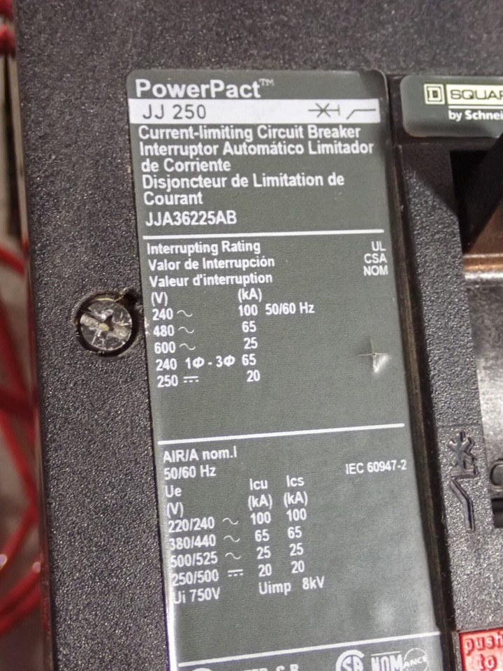 SQUARE D JJA36225AB JJA36225 POWERPACT I LINE BREAKER 225A 600V -TESTED ...