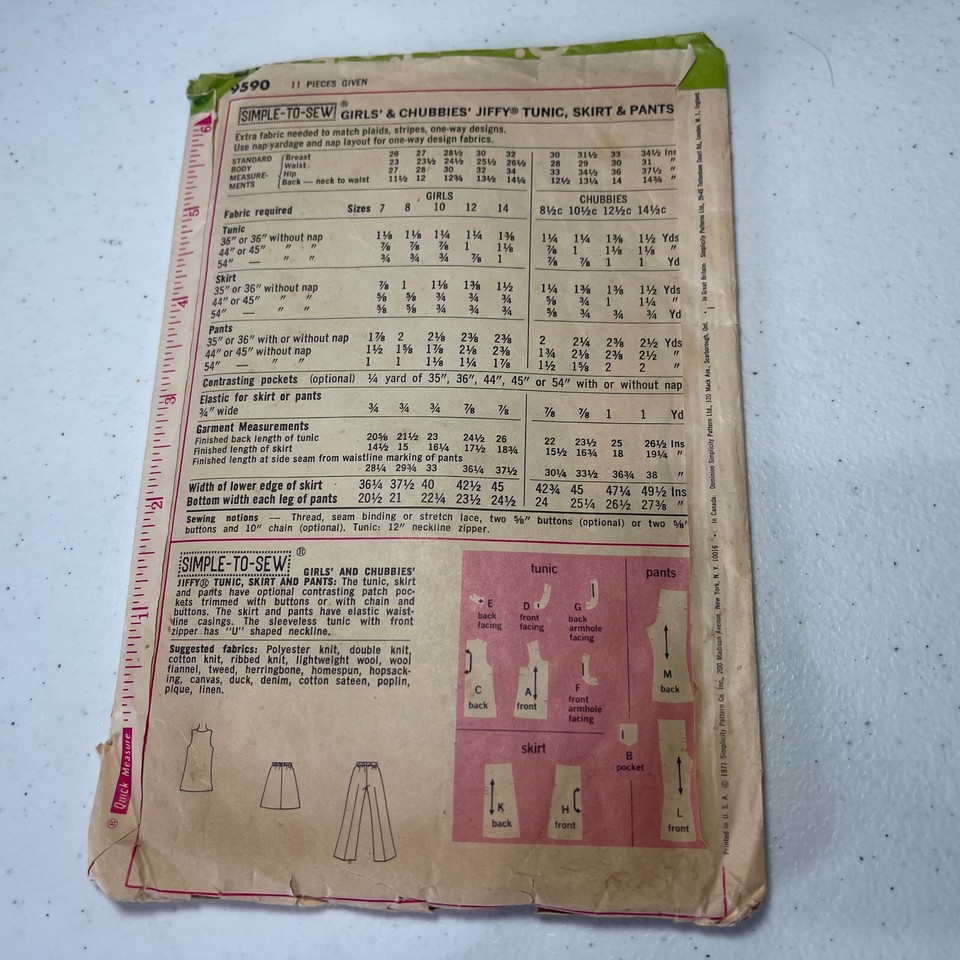 Vintage Simplicity Pattern 9590 Childs Tunic, Skirt and Pants Size 7-14 ...