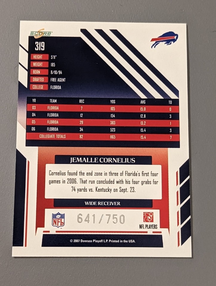 2007 Score Scorecard Buffalo Bills Football Card #319 Jemalle Cornelius ...