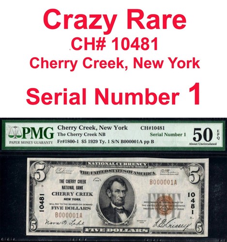 1929 $5 National Bank Cherry Creek, New York CH# 10481 PMG 50EPQ serial ...
