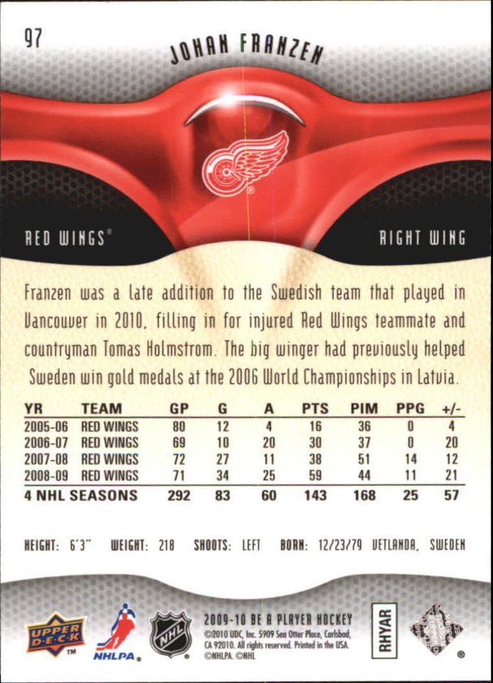 2009-10 Be A Player Red Wings Hockey Card #97 Johan Franzen | eBay