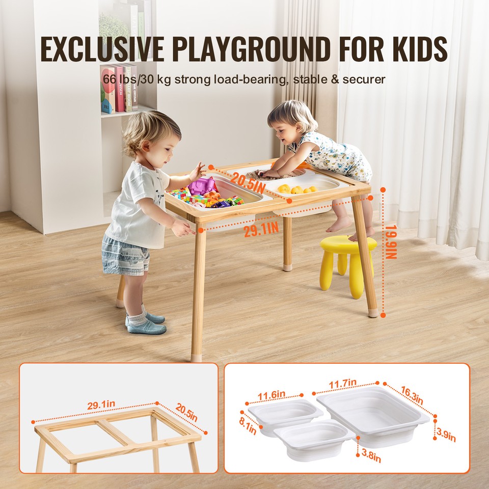 Kids Sensory Table Indoor Wooden Play Sand Water Table w/ Double-Sided ...
