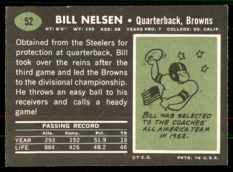 1969 TOPPS BILL NELSEN CLEVELAND BROWNS #52 EX | eBay