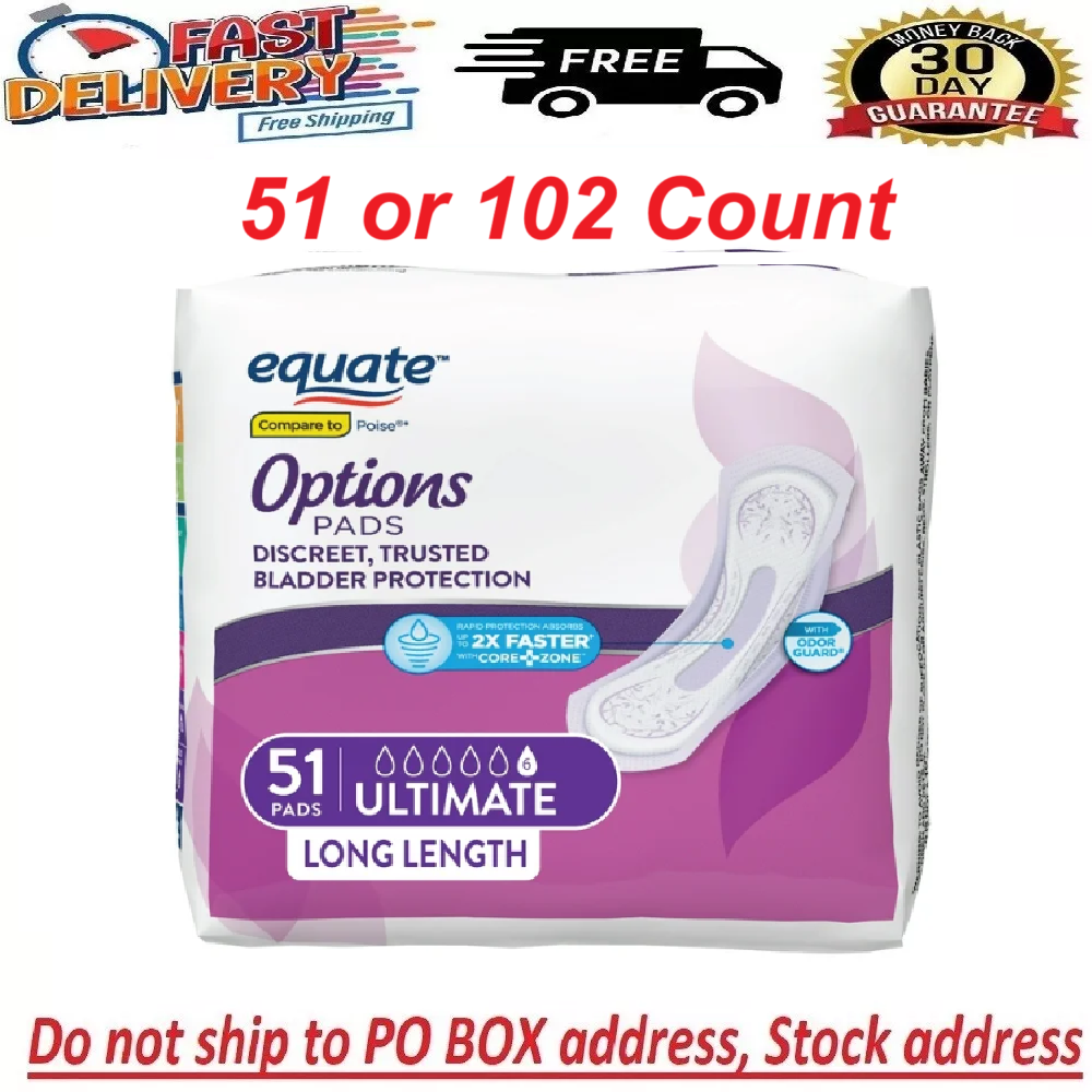 Equate Options Incontinence Pads for Women, Ultimate, Long, 51-102 ...