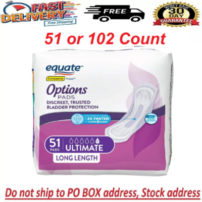 Equate Options Incontinence Pads for Women, Ultimate, Long, 51-102 ...