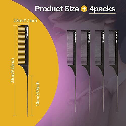 4PCS Hair Rat Tail Combs Carbon Parting Rattail Combs Teasing Fine ...
