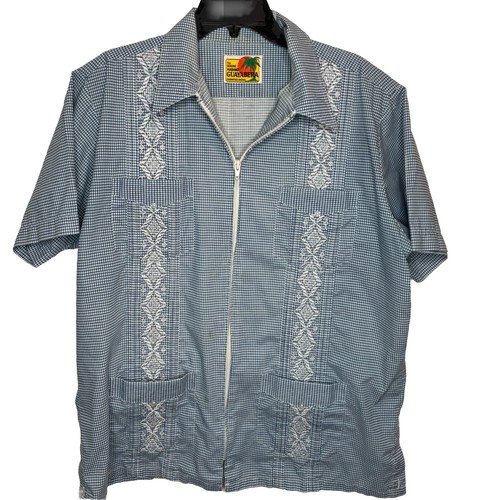 Genuine Haband Guayabera Shirt Mens Embroidered Large Blue Check Plaid ...