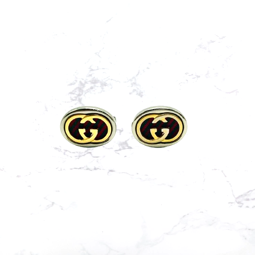 Gucci GG Logo Cufflinks Silver Gold Color Strips Line Vintage Japan ...
