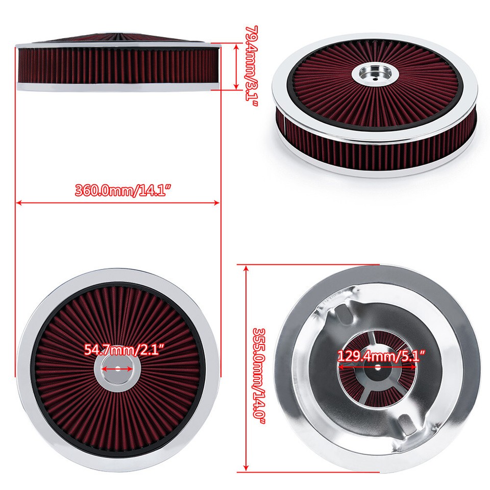 14" X 3" Round Red High Flow Thru Washable Air Cleaner Drop Base 350 ...