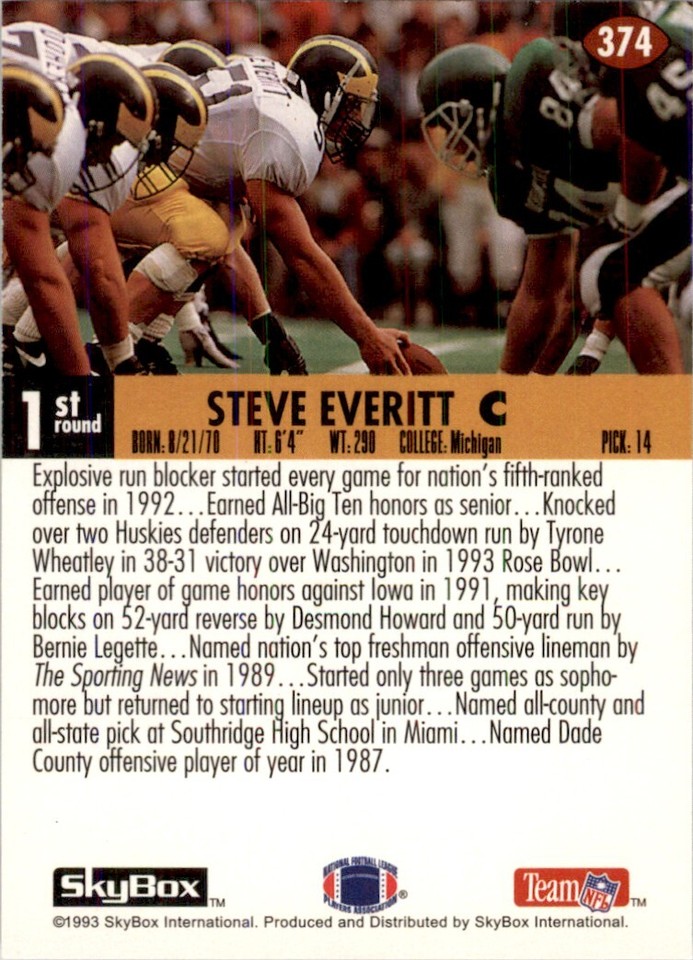 1993 SkyBox Impact Steve Everitt Rookie Michigan Wolverines #374 NCAA ...