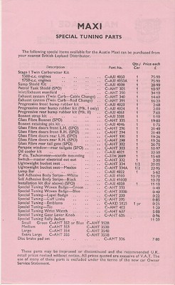 Austin Maxi BL ST Special Tuning Parts Early 1970s UK Single Sheet ...